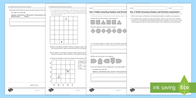 Year 2 Maths Geometry Position and Direction Assessment 1