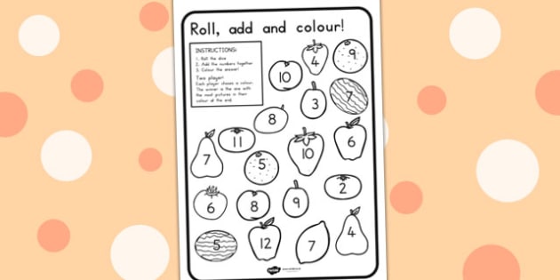 Fruit Roll and Colour Dice Addition Activity - healthy eating