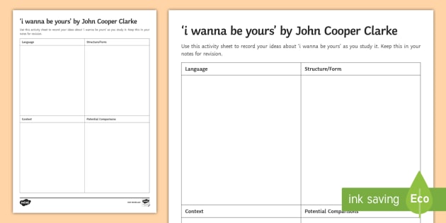 GCSE 'i wanna be yours' by John Cooper Clarke At A Glance Worksheet