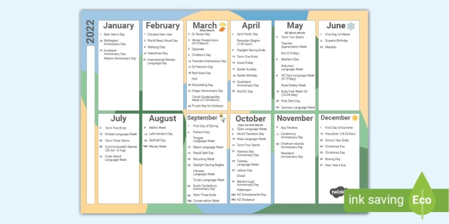 2022 New Zealand Holidays And Festivals Calendar - Twinkl