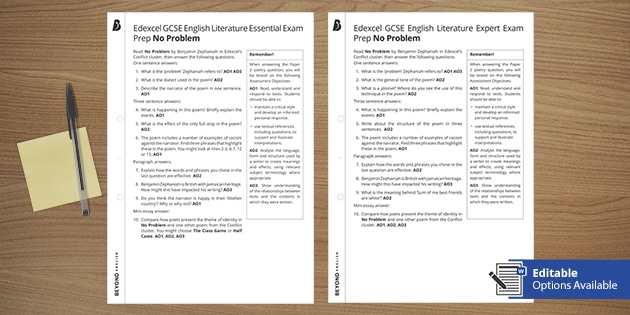 Edexcel GCSE Poetry Exam Prep - 'No Problem' Worksheet