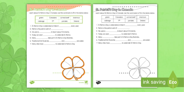 St. Patrick's Day in Canada Cloze Activity - Grades K-3