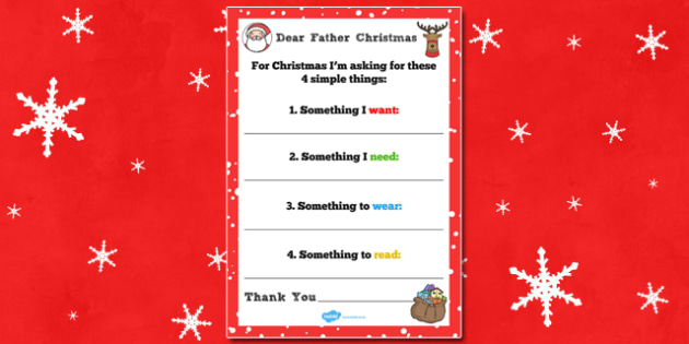 Letter to Father Christmas 4 Simple Things (teacher made)