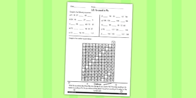Counting in 9s Worksheet (teacher made)