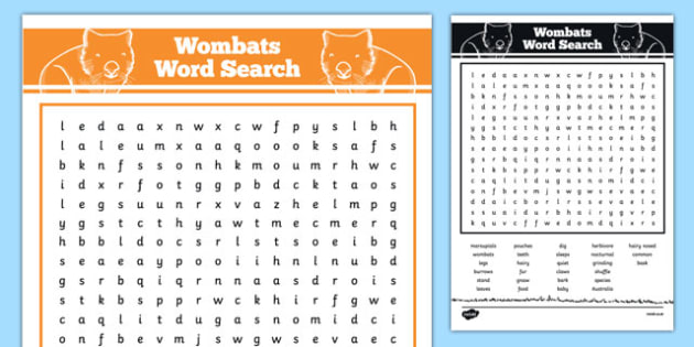 Australian Animals Years 3-6 Wombats Word Search