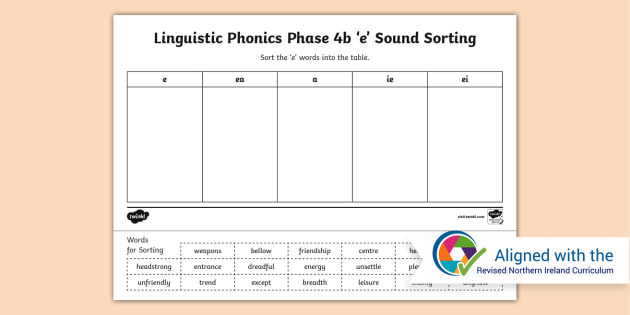 Linguistic Phonics Phase 4b 'e' Sound Sorting Worksheet