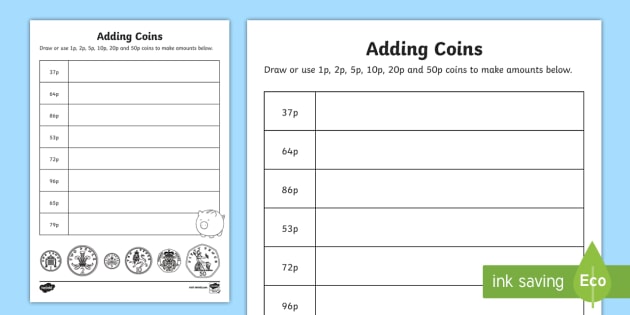 Adding Coins: 1p, 2p, 5p, 10p, 20p, 50p Worksheet / Worksheet