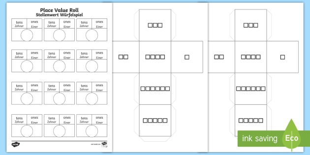 Place Value Roll Activity Dice Net and Worksheet / Worksheet English/German