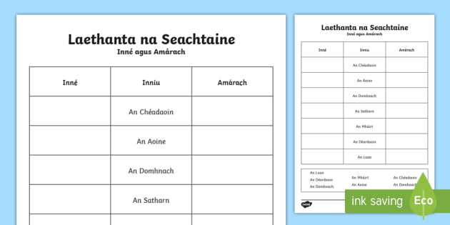 Laethanta Spáinnis Na Seachtaine Bileog Oibre Laethanta Na Seachtaine