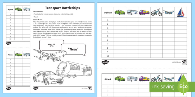 Transport Battleships Game German (teacher made)