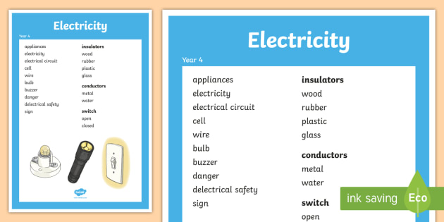 Year 4 Electricity Scientific Vocabulary Poster - posters, words