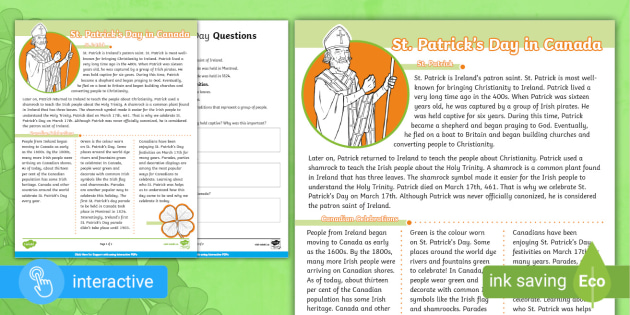 St. Patrick's Day in Canada Reading Comprehension