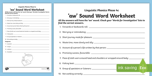 Linguistic Phonics Phase 4c 'aw' Sound Word Worksheet