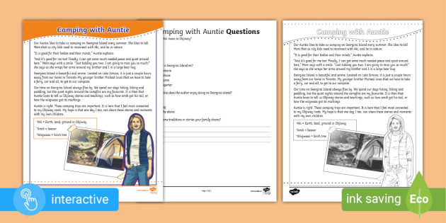 Camping with Auntie Reading Comprehension (teacher made)