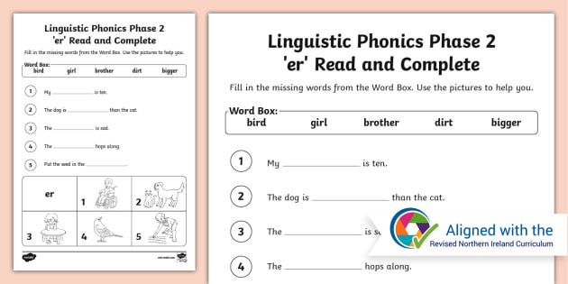 Linguistic Phonics Phase 2 Read Complete 'er' Activity Sheet