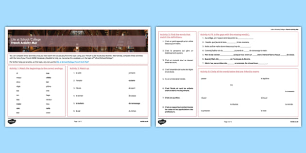 Life at School College French Activity Mat (teacher made)