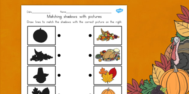 Thanksgiving Shadow Matching Worksheet USA