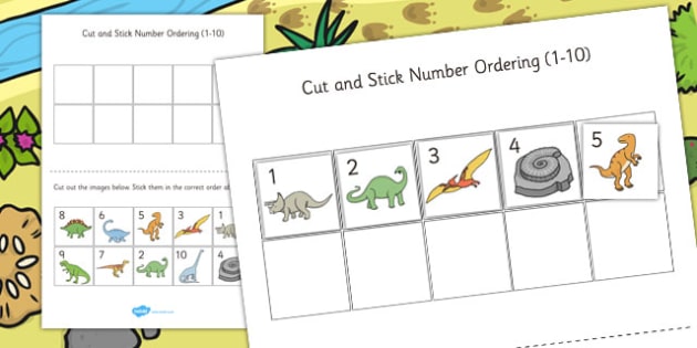 Dinosaur-Themed Cut and Stick Number Ordering Sheets 1-10