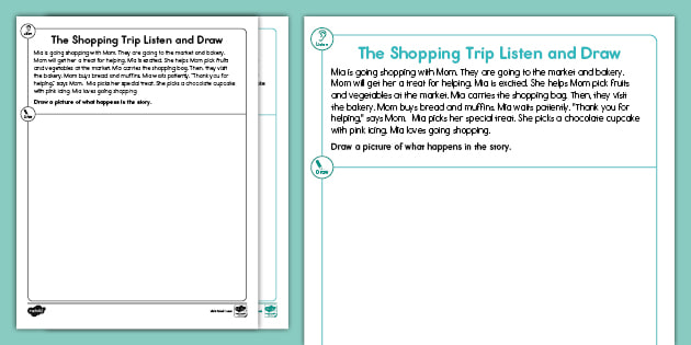 Prekindergarten Reading Passage-The Shopping Trip-Listen and Draw