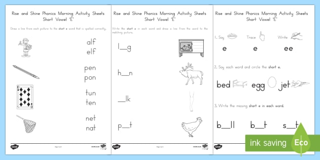 Rise and Shine Phonics Short 'e' Morning Worksheet / Activity