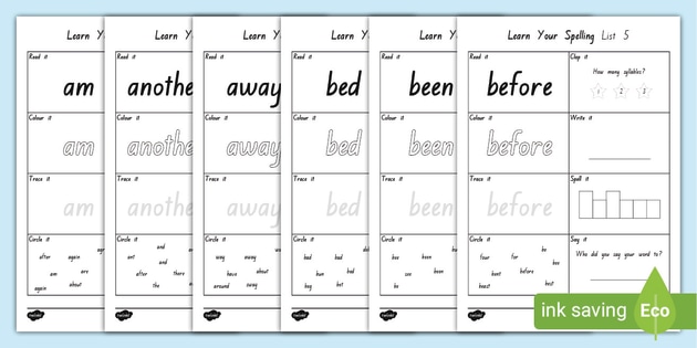 Learn New Zealand Essential Spelling List 5 Words Worksheets