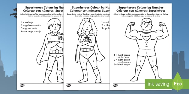 Superheroes Colour by Number English/Spanish (teacher made)