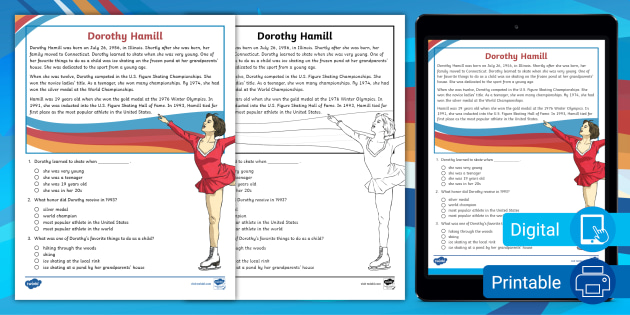 Third Grade Dorothy Hamill U.S. Olympian Reading Passage Comprehension