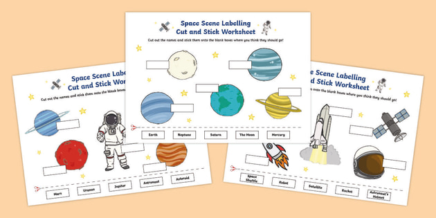Space Scene Labelling Cut and Stick Worksheet (teacher made)