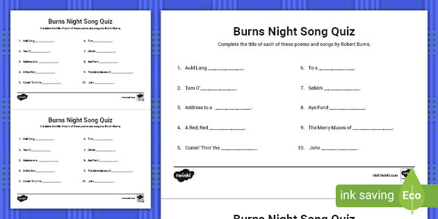 Burns Night Quiz – Poems by Robert Burns – CfE Second Level
