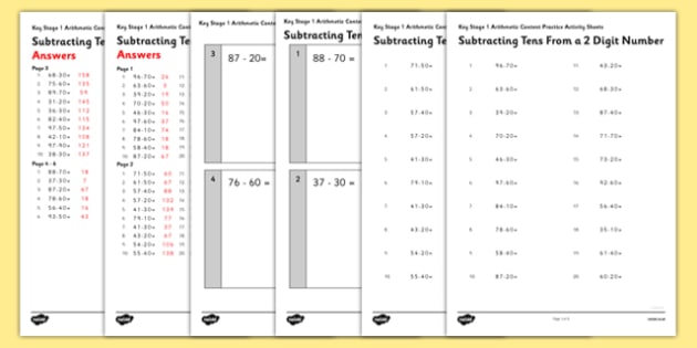 Subtracting 10s - KS1 Arithmetic Worksheet (teacher made)
