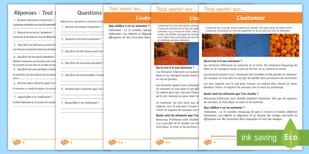 Pack de feuilles d'activité : Compréhension écrite sur l'automne