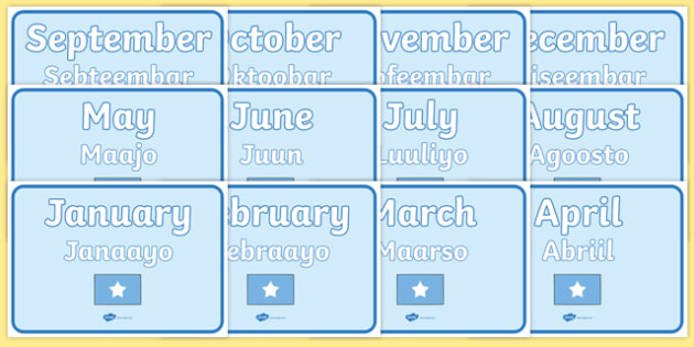 Months of the Year Signs EAL Somali Translation