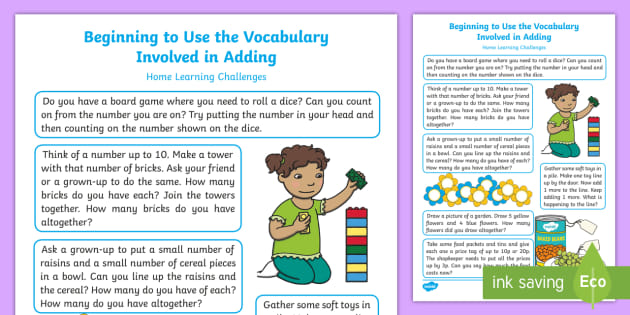 EYFS Beginning to Use the Vocabulary Involved in Adding Home Learning