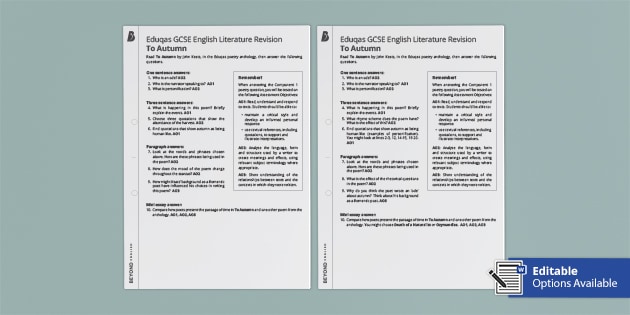 John Keats To Autumn Eduqas Poetry Revision Sheet | GCSE