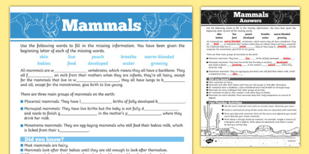 Australian Animals Years 3-6 Mammals Differentiated Cloze Passage ...