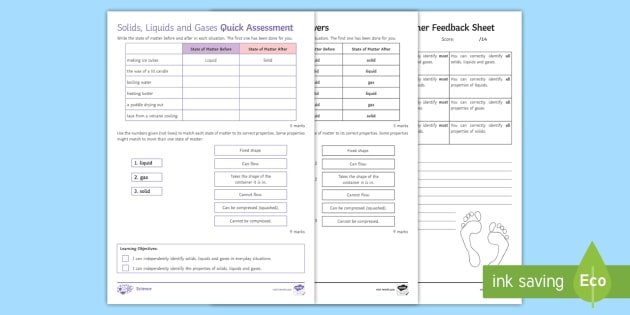 KS3 Quick Assessment: Solids, Liquids and Gases Worksheet