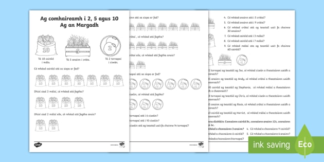 Ag comhaireamh le 2, 5 agus 10 Iolrú Bileoga Oibre