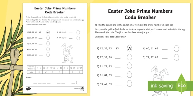 Easter Joke Prime Numbers Code Breaker Worksheet