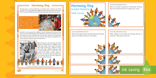 Harmony Day Guided Reading Cards - Comprehension, reading strategies ...