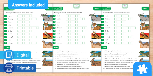 Fun Animal Word Jumble Puzzle Pack - AL - Twinkl Puzzled