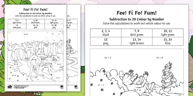 Fee! Fi! Fo! Fum! Subtraction to 20 Colour by Number