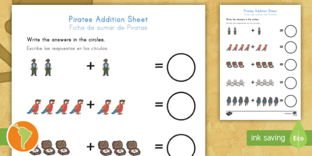 Pirate Addition Sheet English/Spanish - Pirate Addition Sheet