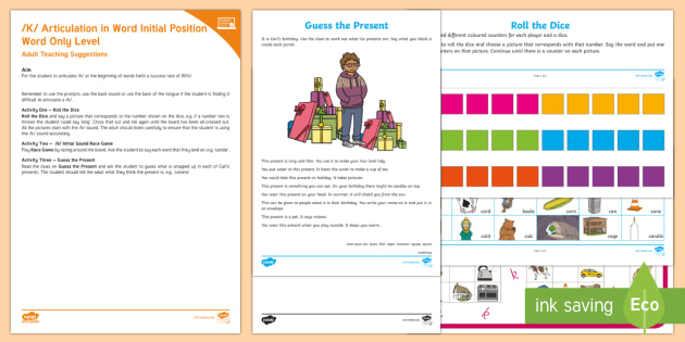 /K/ Articulation in Word Initial Position Word Only Level Activity Pack