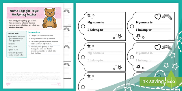* NEW * Name Tags for Toys: Handwriting Practice (Ages 5 - 7)