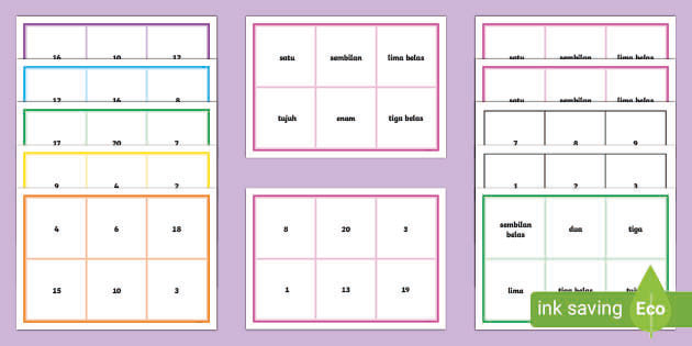 Numbers and Words Bingo 1-20 Indonesian Games