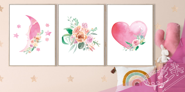 Pink Watercolour Floral-Themed Nursery Posters Pack