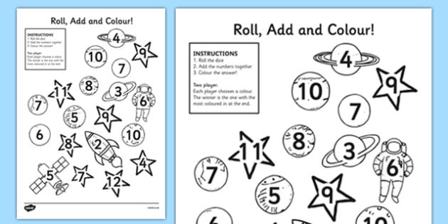 Space Roll and Colour Dice Addition Activity - space, addition