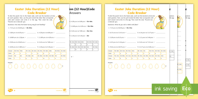 Easter Joke Time Duration (12-Hour Clock) Code Breaker Worksheet