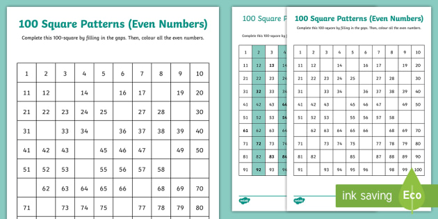 Algebra - 100 Square Patterns (Even Numbers) Worksheet