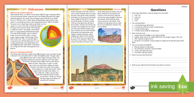 Year Four Volcanoes Reading Comprehension Activity | Twinkl